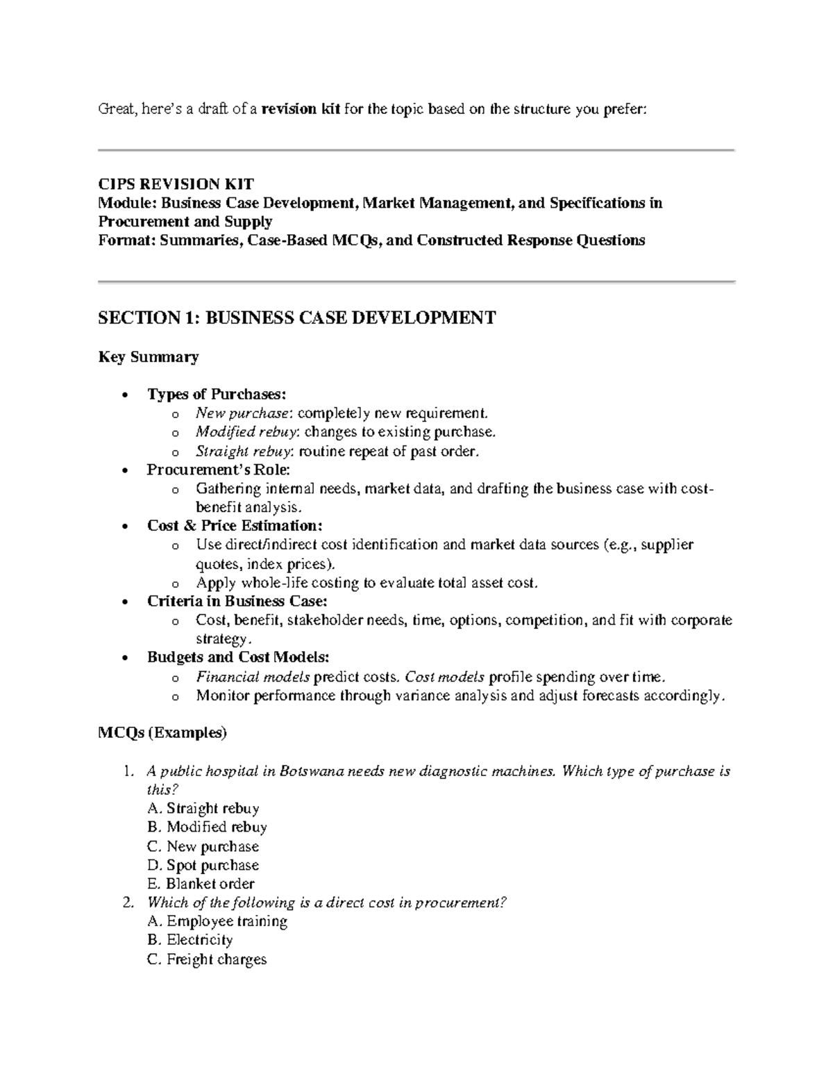 CIPS Level 4 Practice Test: Business Case Dev., Market Mgmt & Specs ...