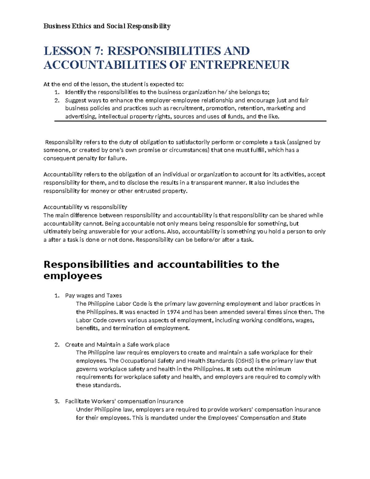 Lesson 7 Responsibilities AND Accountabilities OF Entrepreneur - LESSON ...