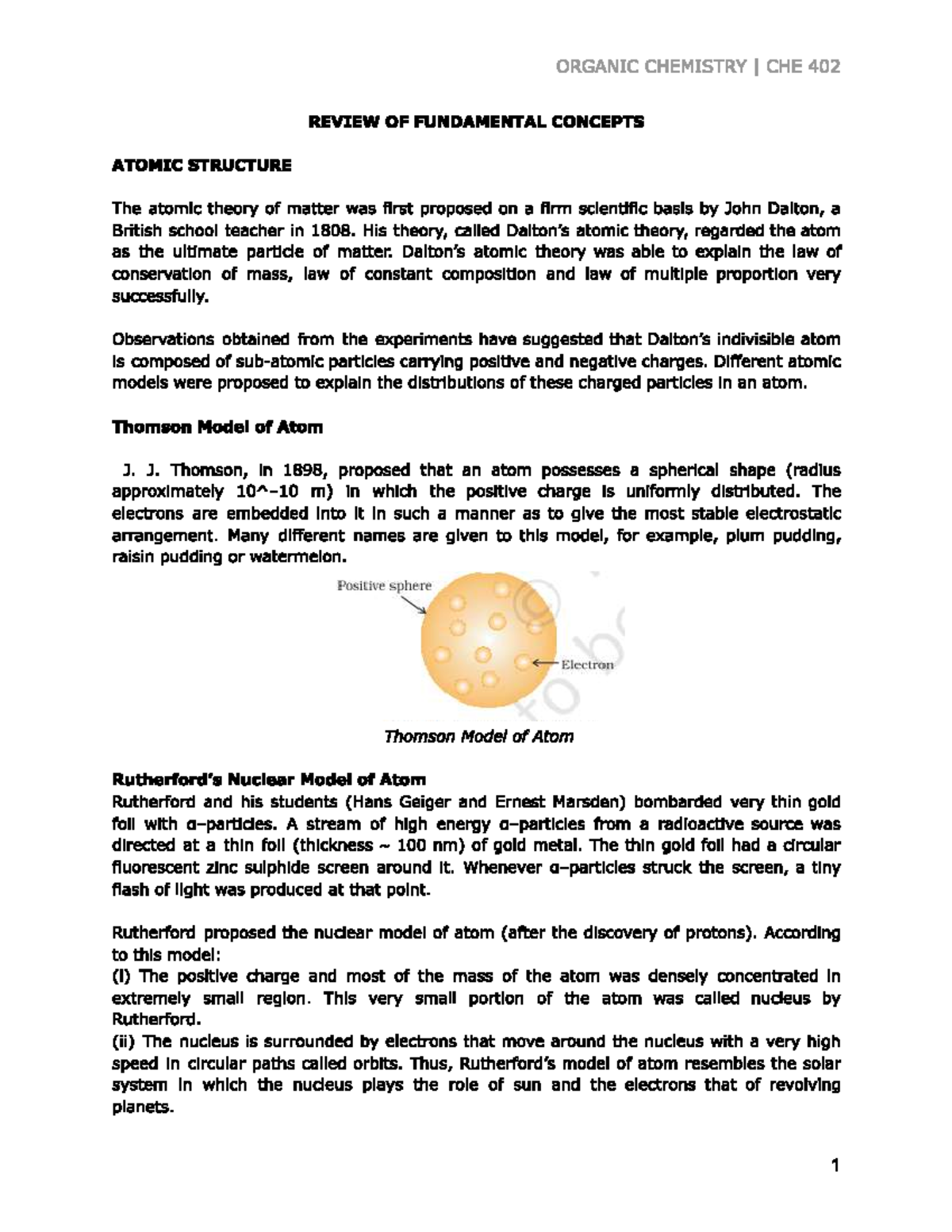 Organic Chemistry CHE 402: Review of Atomic Structure and Bonding Concepts - Studocu