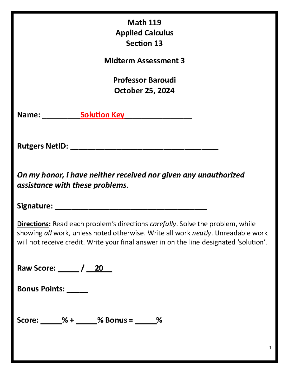 Math 119 Applied Calculus Sec 13 Midterm Assessment 3 Solution Key ...