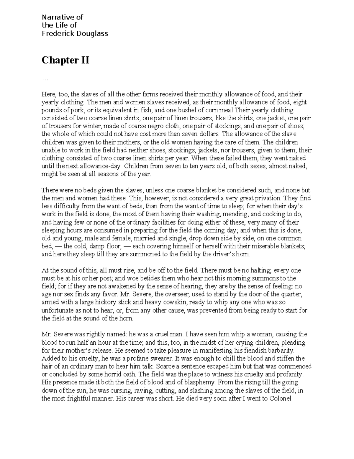 Frederick Douglass: Excerpts from the Narrative (Chapters II, VII, X ...