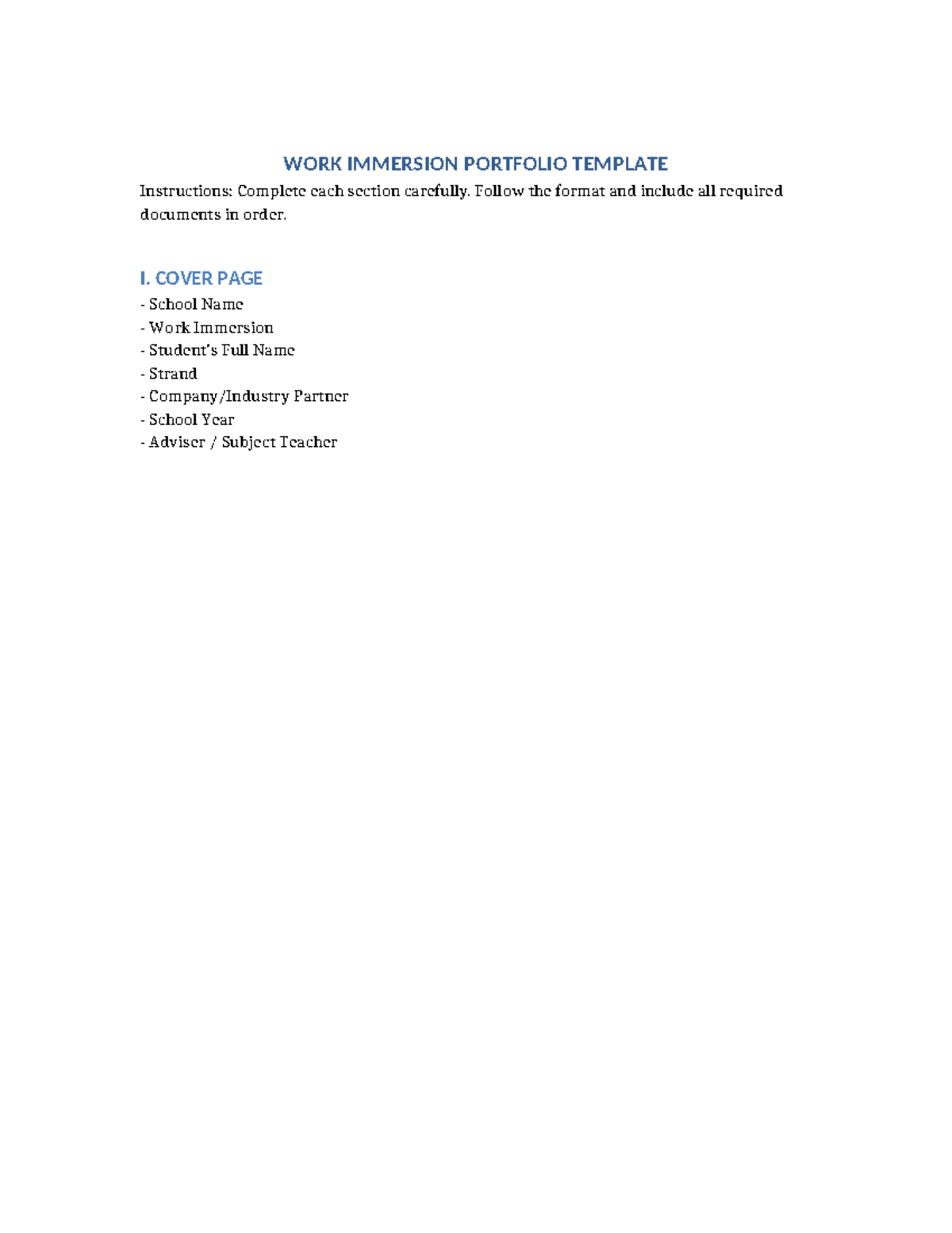 Work Immersion Portfolio Template & Rubric - Studocu