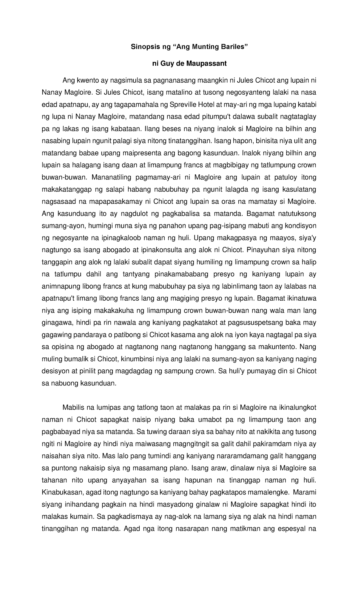 Sinopsis ng “Ang Munting Bariles” ni Guy de Maupassant - Studocu