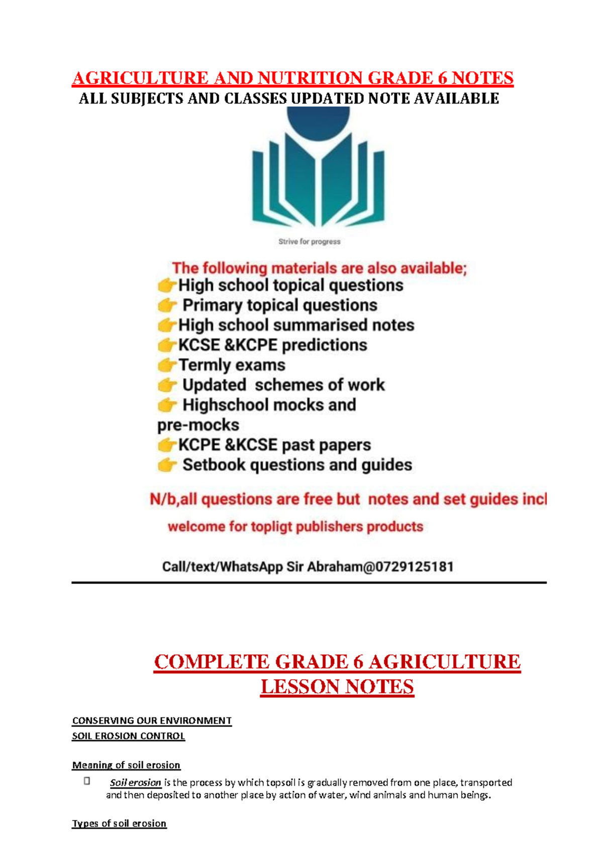 Grade 6 Agriculture & Nutrition Comprehensive Lesson Notes - Studocu