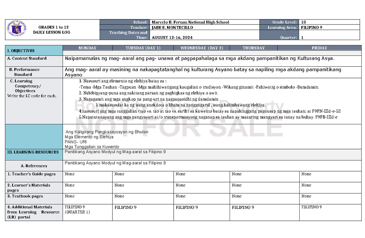 Filipino Week 3 - Handouts 2 - GRADES 1 to 12 DAILY LESSON LOG School ...