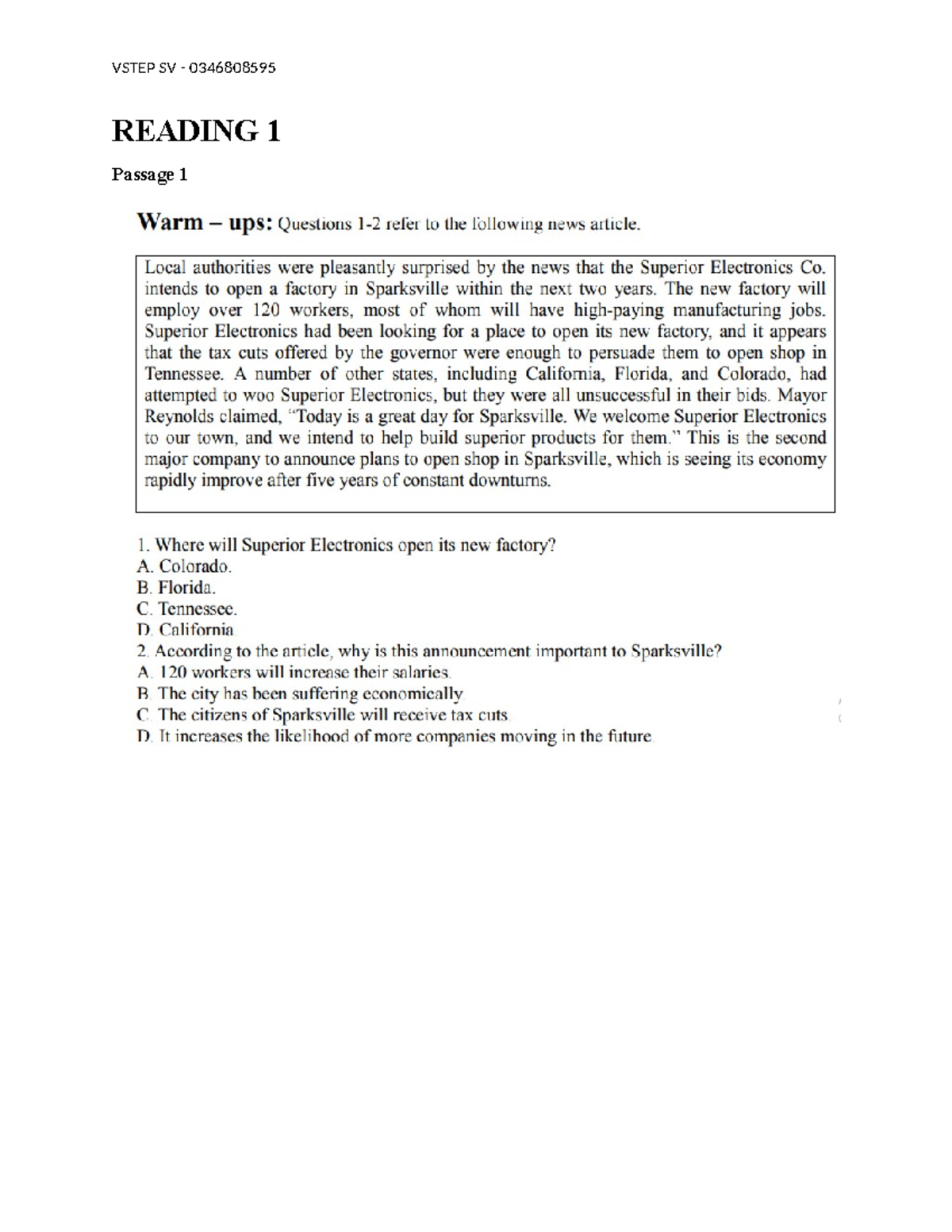 Vstep SV Reading 1: Galapagos Tortoise Conservation Insights - Studocu