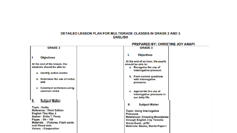 DETAILED LESSON PLAN FOR GRADE 2 & 3 ENGLISH CLASSES - Studocu