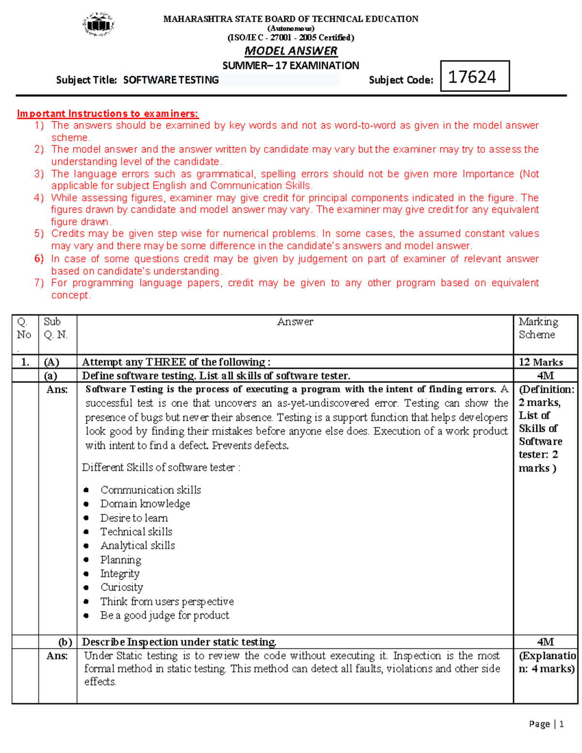 STE(17624) Summer 2017 Model Answer Paper for Software Testing - Studocu