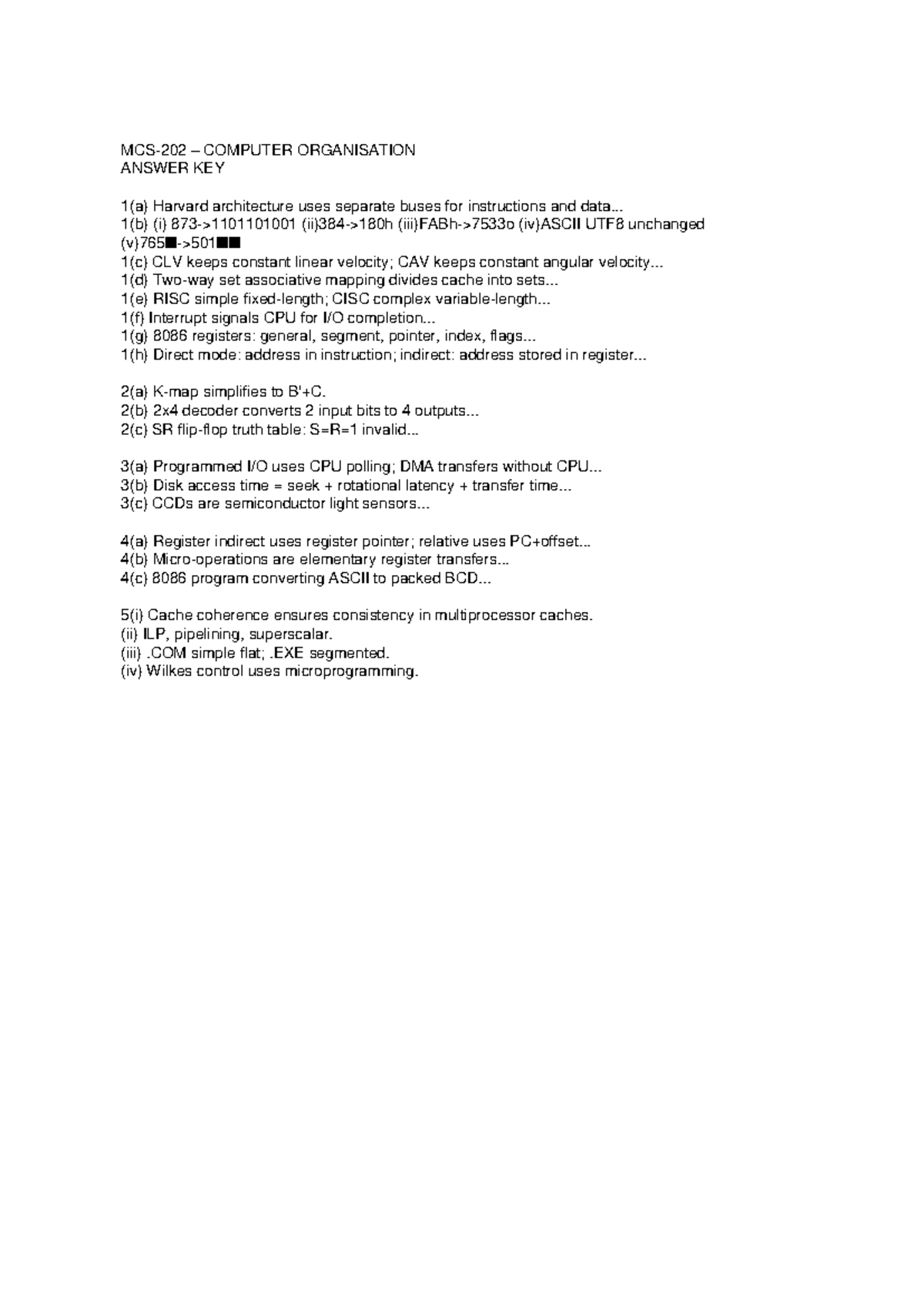 MCS202 Final Exam Answer Key: Computer Organisation Insights - Studocu