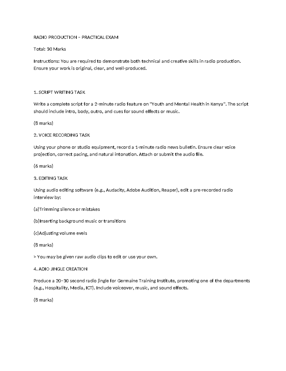 RADIO PRODUCTION PRACTICAL EXAM (30 Marks) - Script, Recording ...