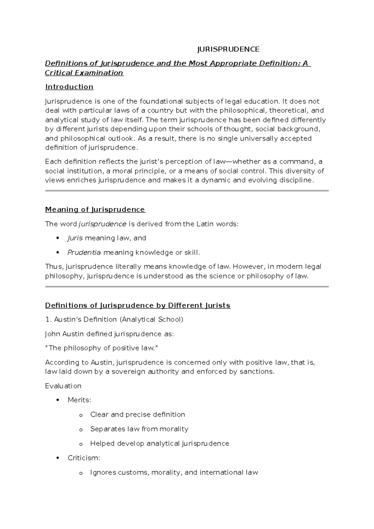 JURISPRUDENCE Definitions and Critical Examination of Legal Theories ...