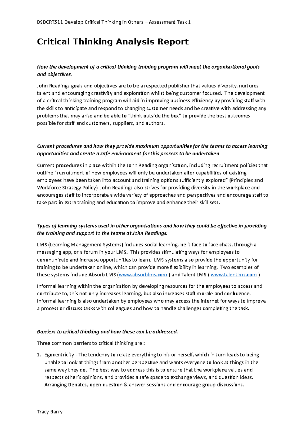 Critical Thinking Training Program Analysis Report: Goals & Strategies ...