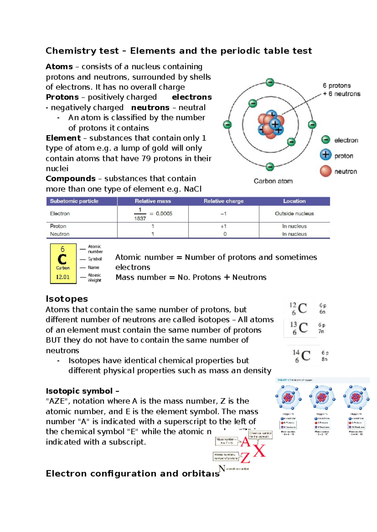 Chemistry Test - Atoms, Elements & the Periodic Table (CHEM101) - Studocu