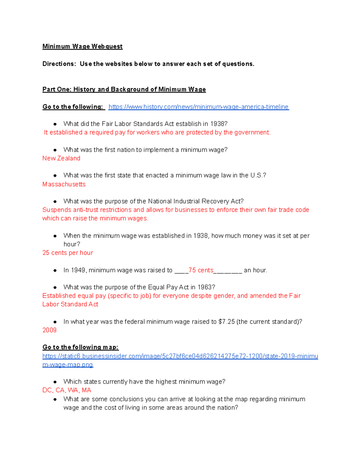 Minimum Wage History & Current Trends Webquest Analysis - Studocu