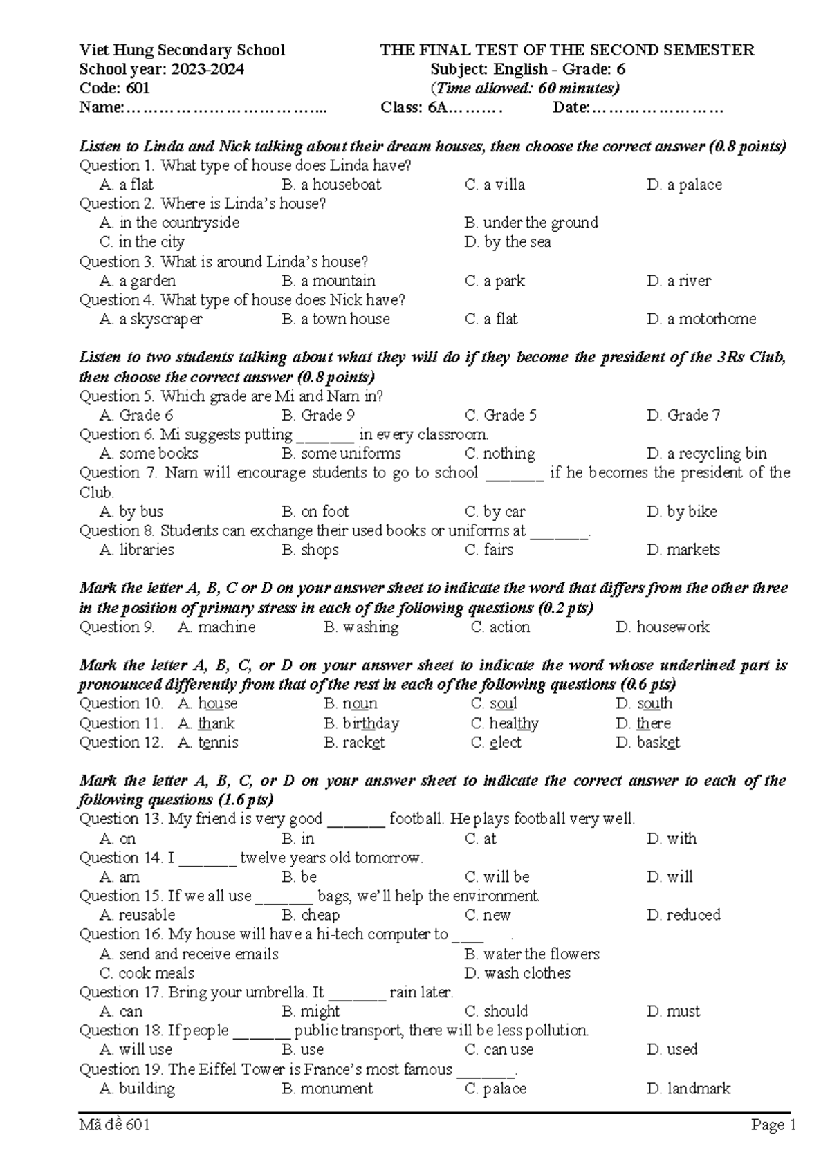 601 Final Test of the Second Semester: English Grade 6 - Studocu