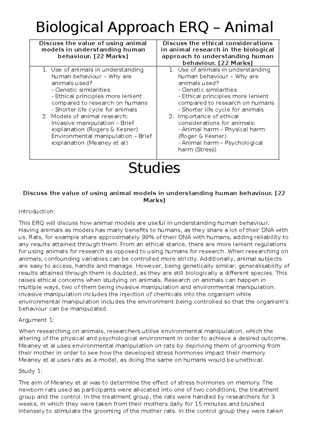 ERQ Biological Approach: The Value of Animal Models in Human Behavior ...