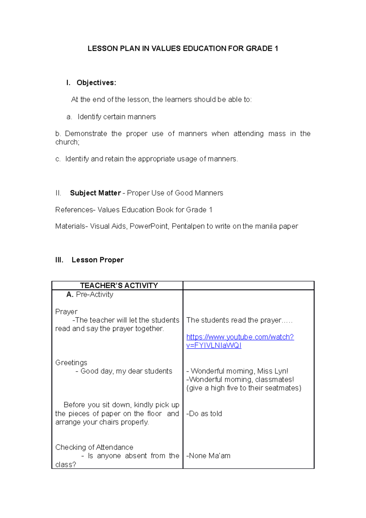 Values Ed. Lesson Plan for Grade 1: Teaching Good Manners - Studocu