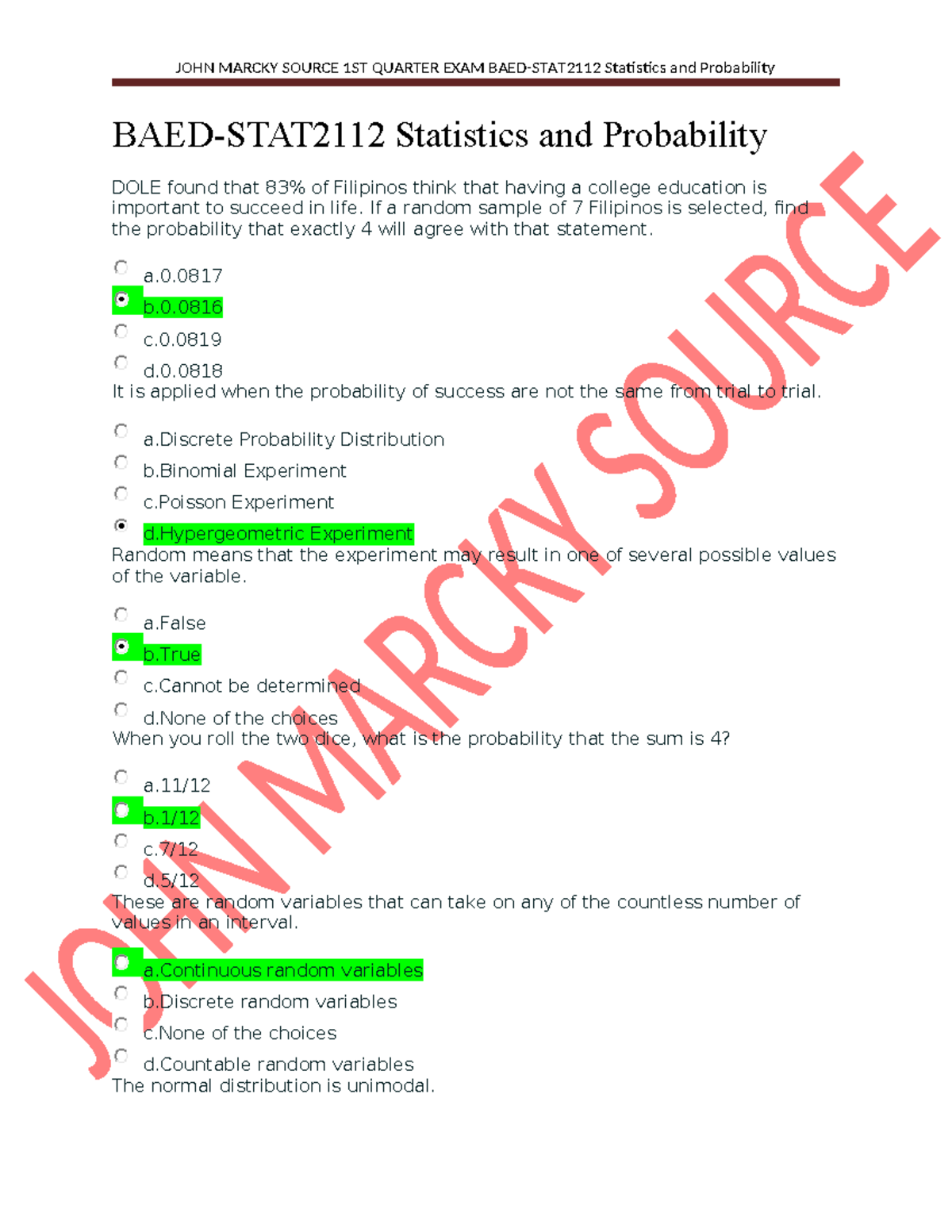 STAT2112-1ST-2ND Quarter-Statistics and Probability Exam Review - Studocu
