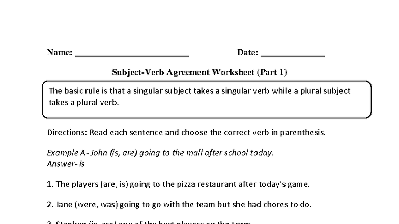 Subject-Verb Agreement Worksheet (Part 1) - Intermediate - Studocu