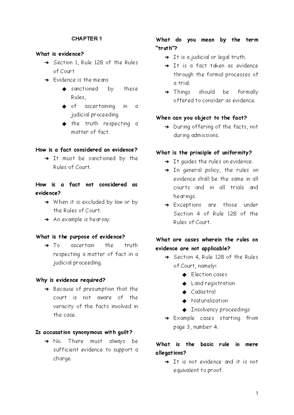 Prelim Exam Coverage in Evidence (Riano) - Chapter 1 Insights - Studocu