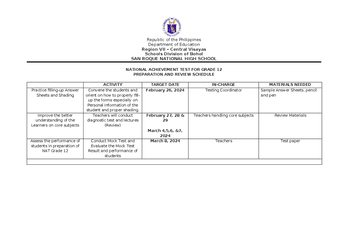 NAT-Schedule: National Achievement Test Grade 12 Preparation Guide ...