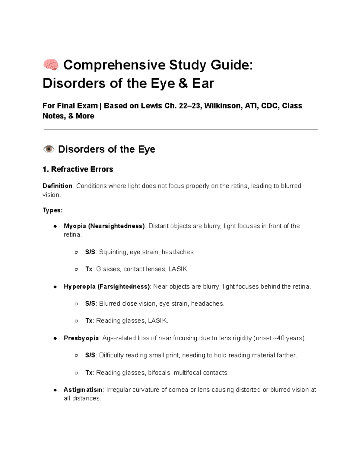 Comprehensive Study Guide: Eye & Ear Disorders for Final Exam (NURS 101 ...