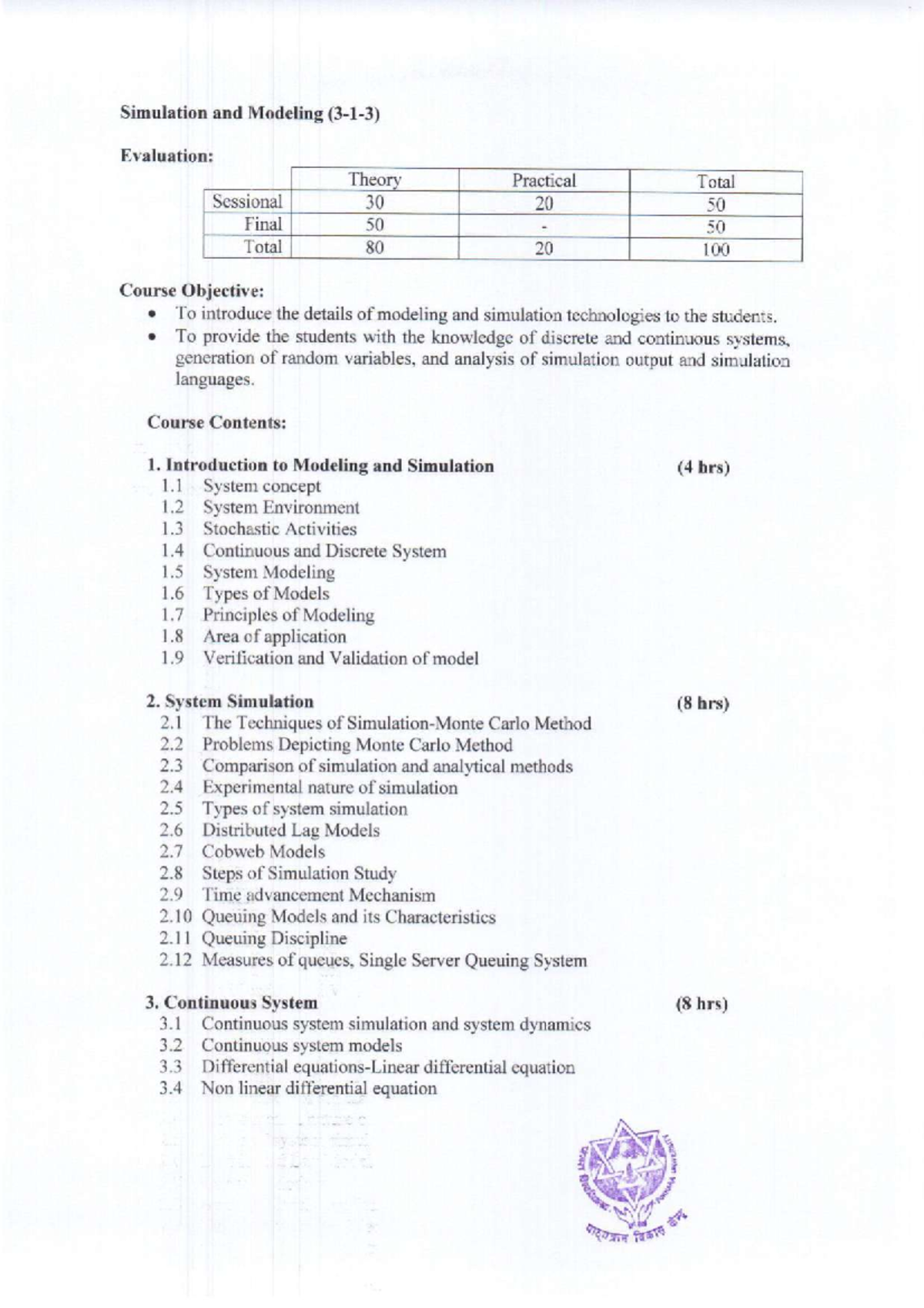 SM syllabus - Simulation and Modeling Evaluation: Theory Practical Total Sessional 30 20 50 ...