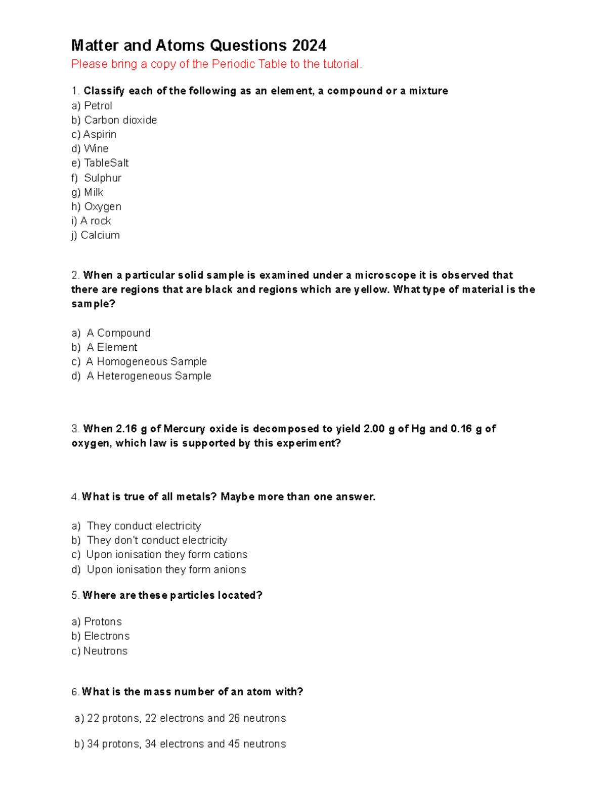 Chemistry Practice Questions: Matter and Atoms 2024 - Studocu