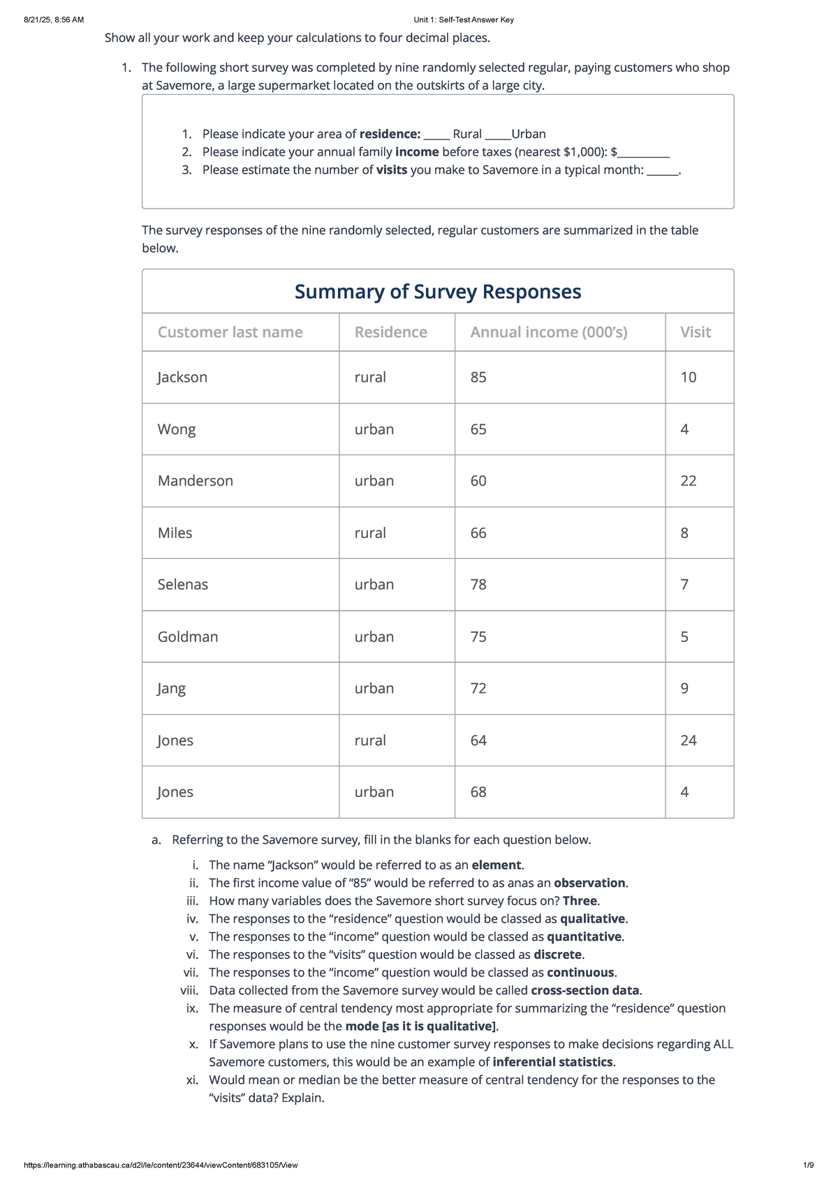 Unit 1 Self-Test Answer Key - MATH215 Intro to Statistics - Studocu