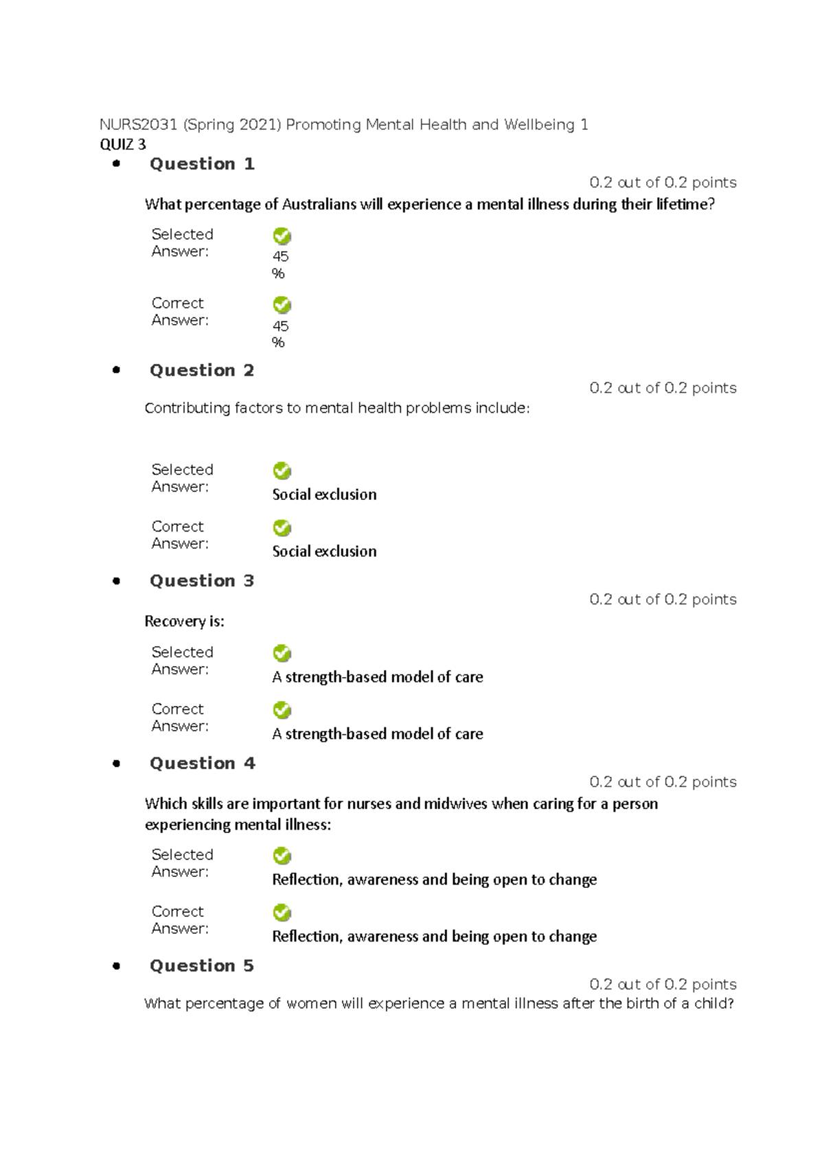 NURS2031 (Spring 2021) Mental Health & Wellbeing 1, QUIZ 3 Answers ...