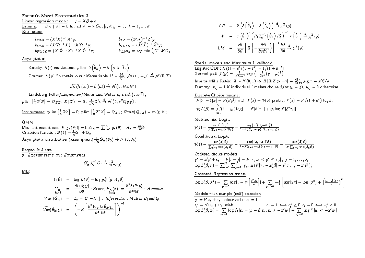 Econometrics 2024 Formula Sheet: Key Models and Estimators - Studeersnel