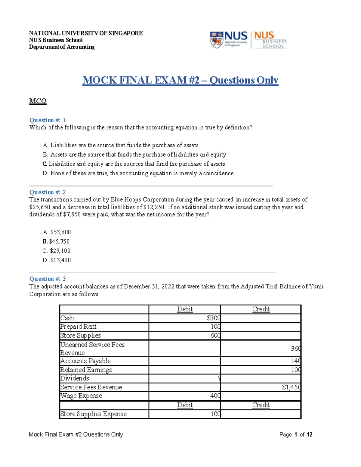 NUS ACC Mock Final Exam Questions Only - Studocu