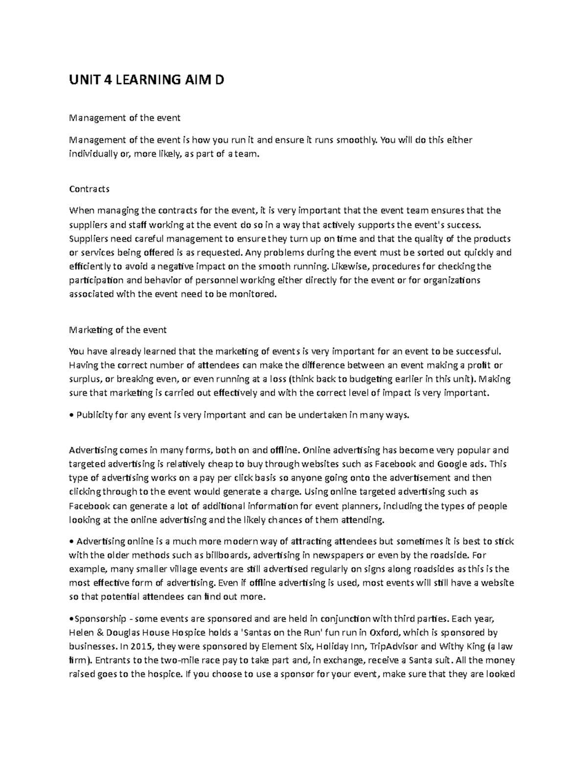 Managing Events: Pearson BTEC National Business Unit 4 Learning Aim D - Studocu