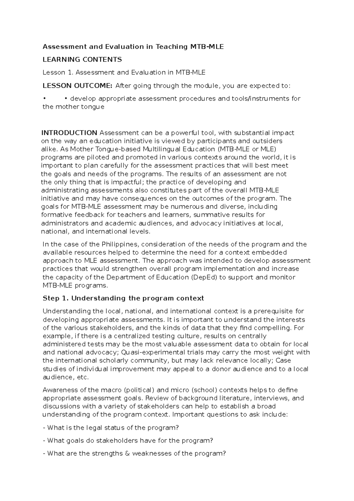 MTB-MLE Assessment & Evaluation Strategies: A Comprehensive Guide - Studocu