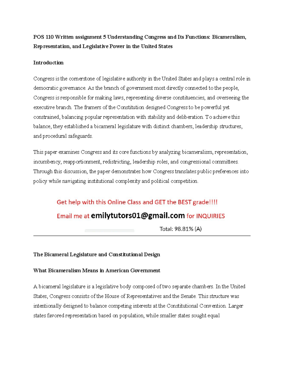 POS 110 Written Assignment 5: Understanding Congress - Functions ...