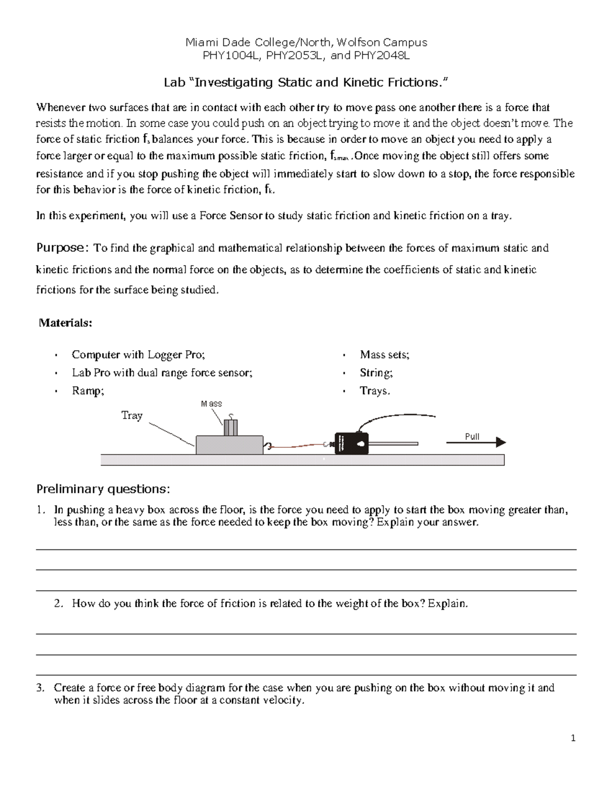 Lab Report on Frictional Forces: Static & Kinetic Experiments (PHY1004L ...