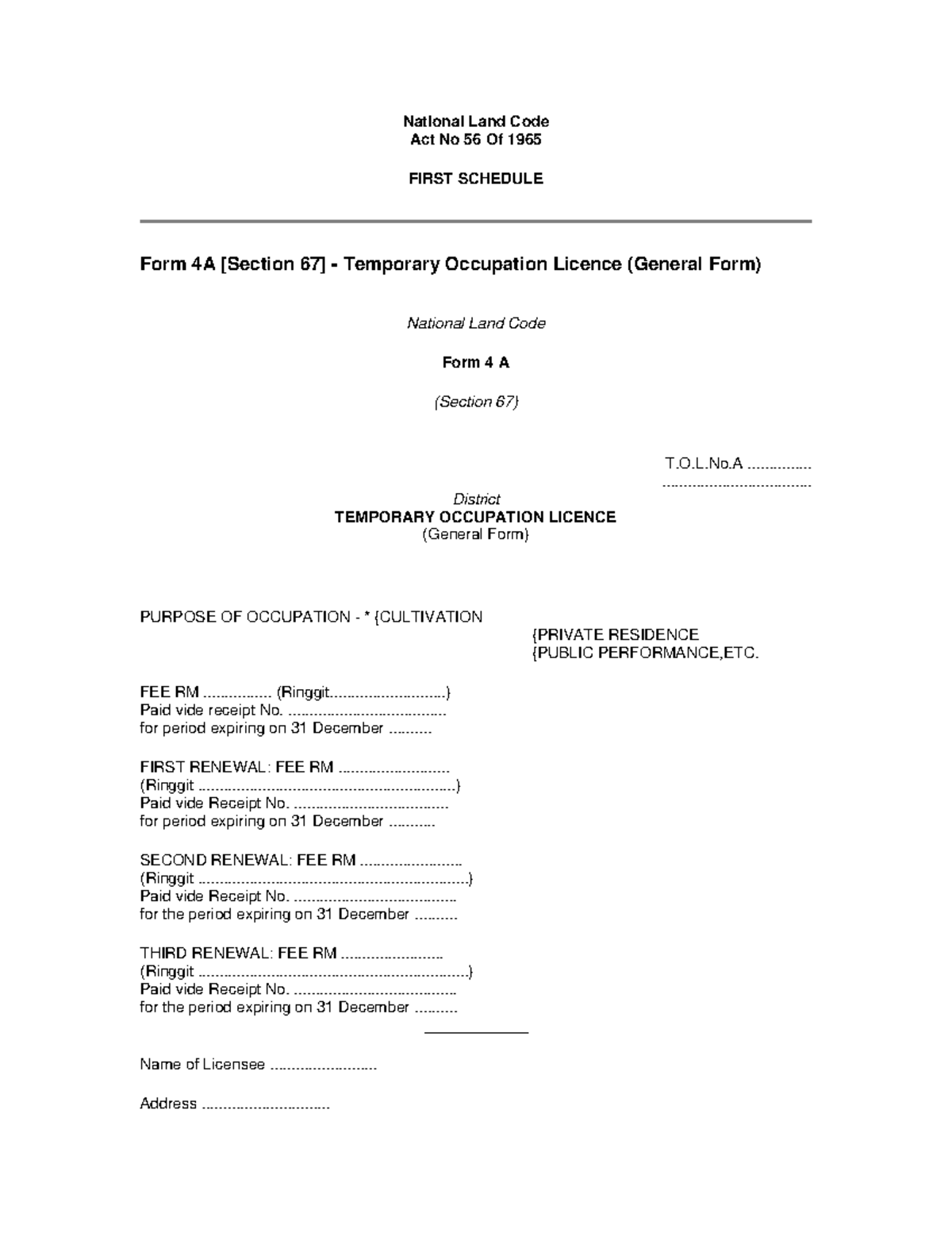 Form 4A [Section 67]: Temporary Occupation License Overview - Studocu
