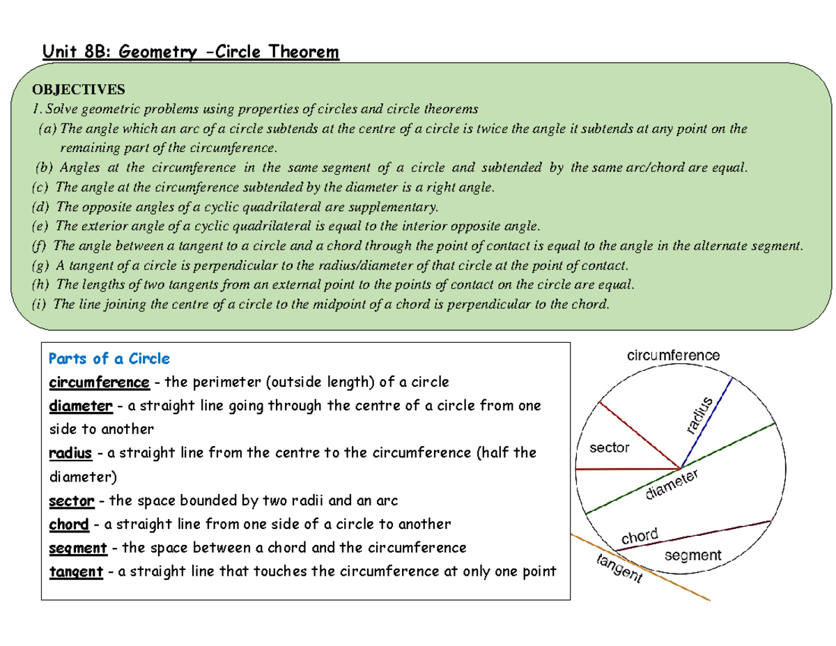 Unit 8B: Circle Theorems and Geometric Properties Explained - Studocu