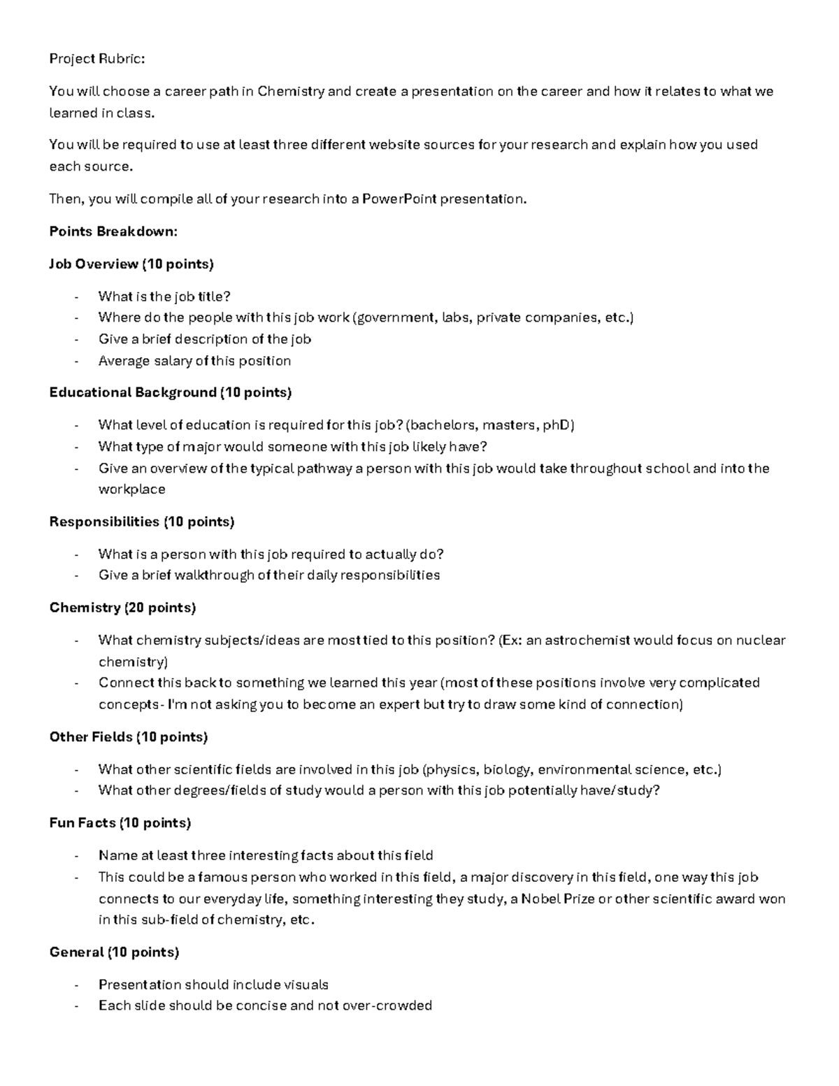 Rubric-+Chemistry+Careers+Project - Project Rubric: You will choose a ...