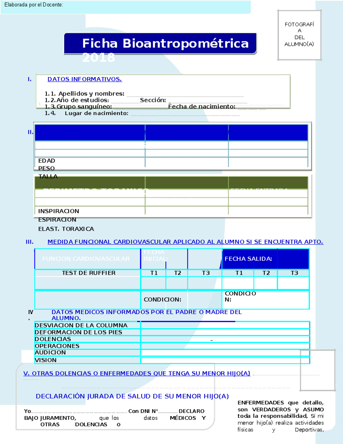 Ficha Bioantropométrica 2018: Datos del Alumno(a) y Salud - Studocu