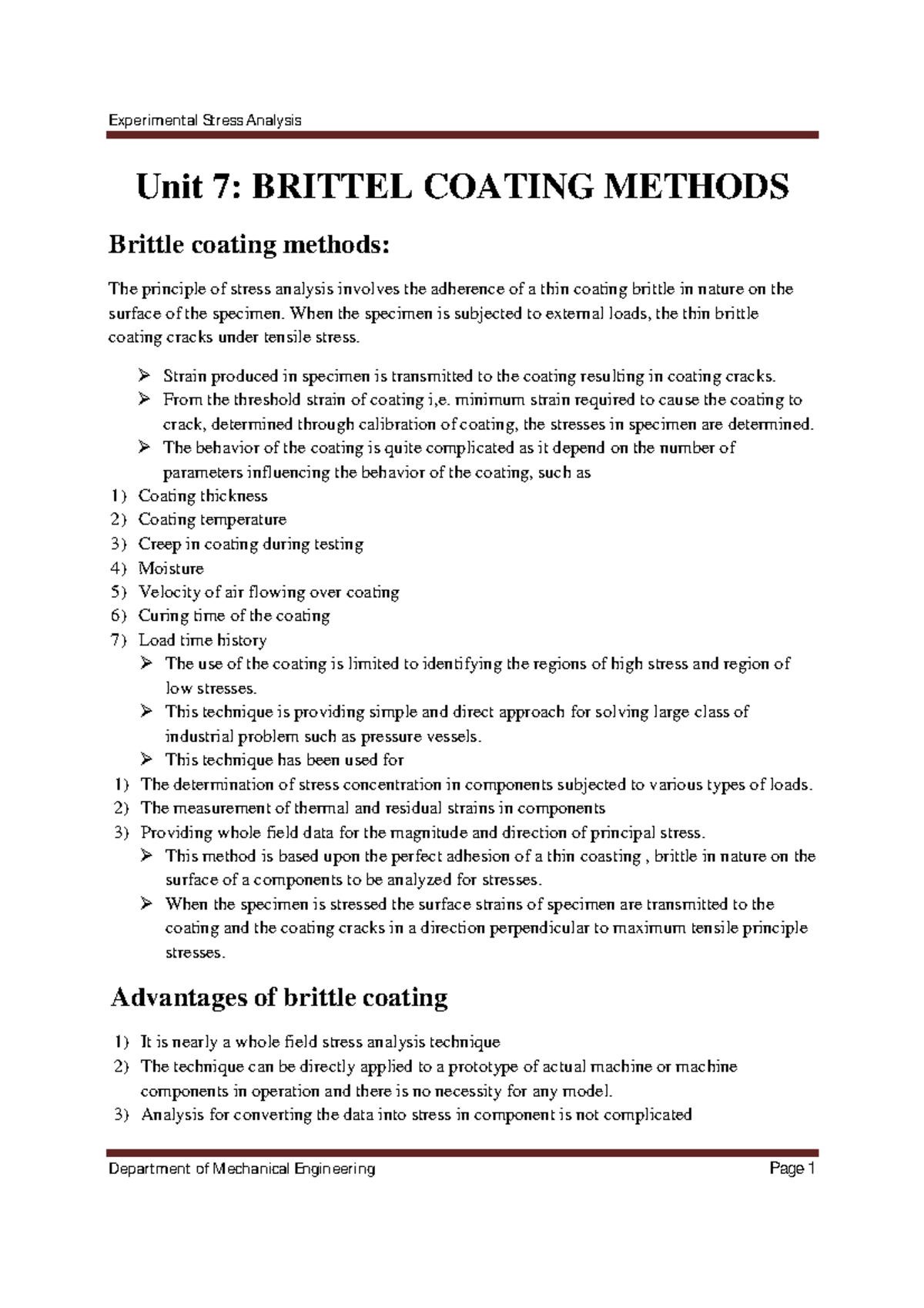 Brittle Coating Methods: Stress Analysis & Calibration Techniques - Studocu