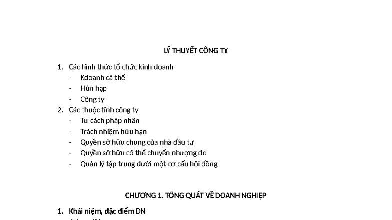 LÝ THUYẾT CÔNG TY - CHƯƠNG 1: TỔNG QUÁT VỀ DOANH NGHIỆP - Studocu