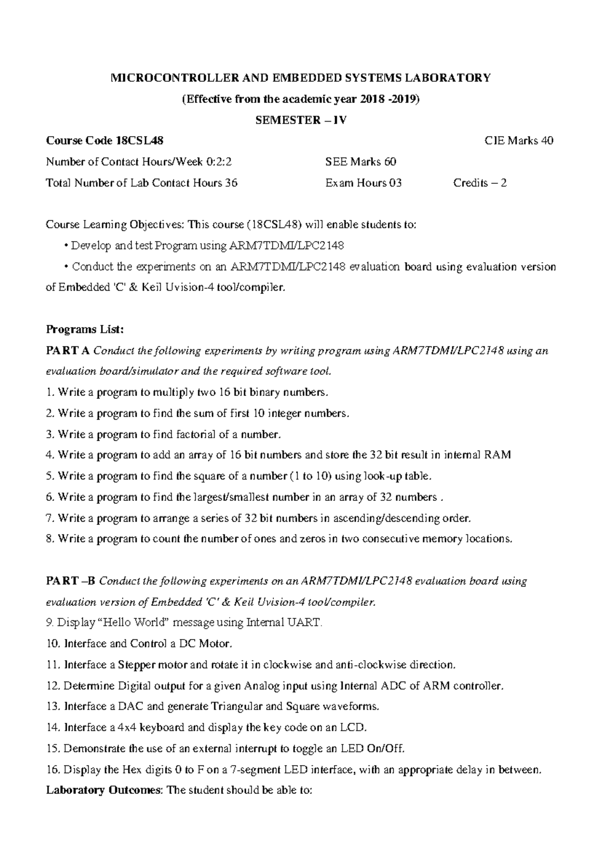 Microcontroller Lab Manual (18CSL48) - 4th Sem Experiments Included ...