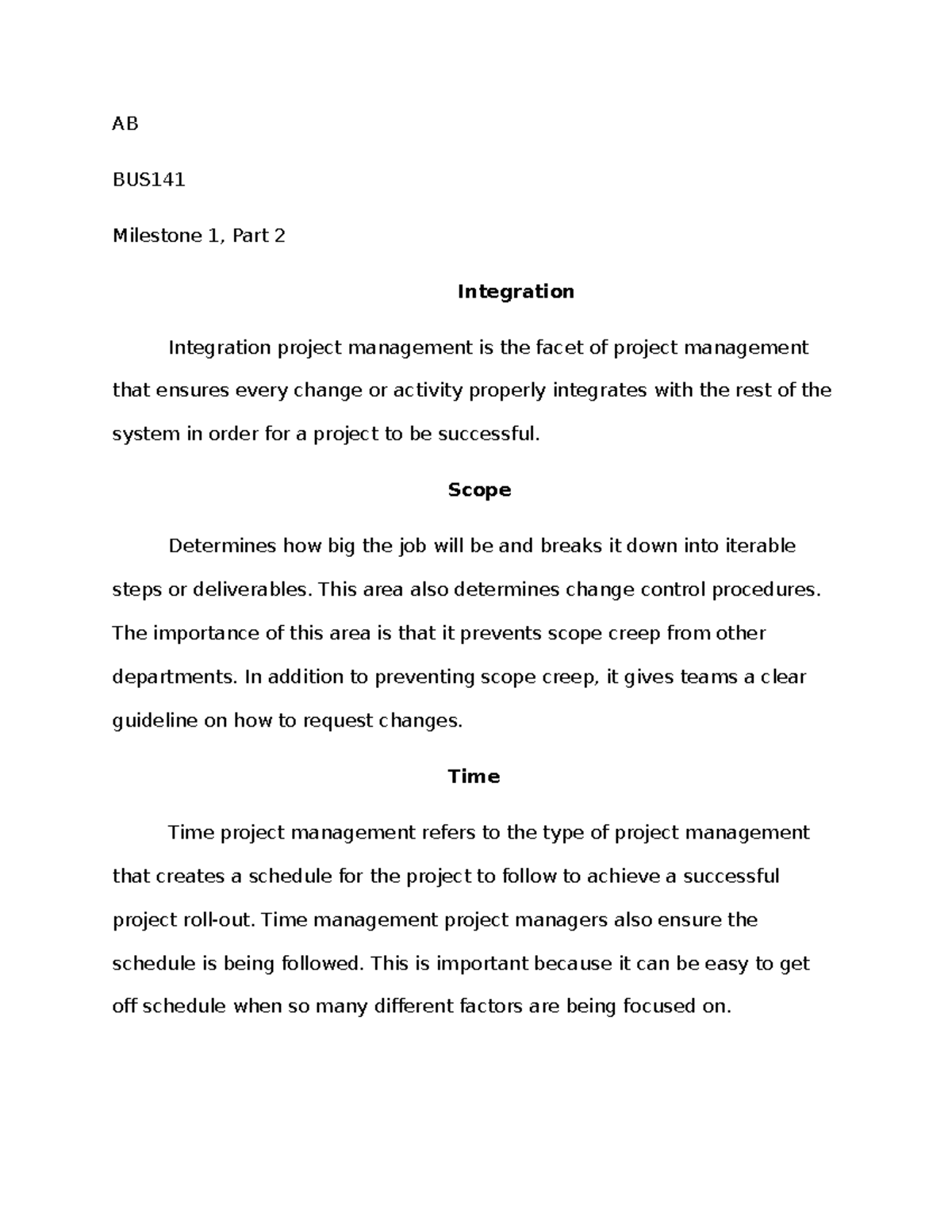 AB BUS141 Milestone 1, Part 2: Project Management Integration Overview ...