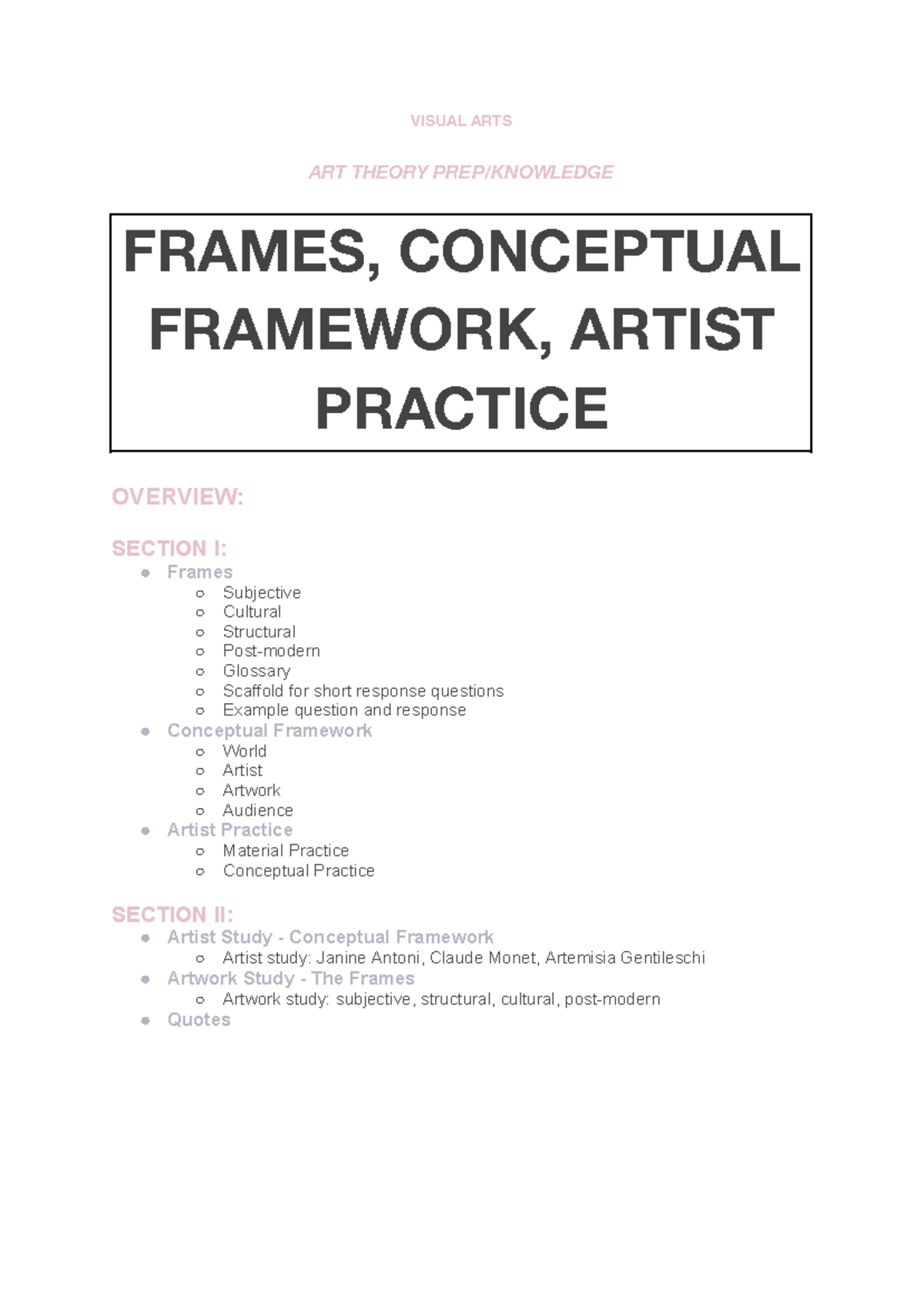 Visual Arts Prelim Study Guide: Exploring Frames & Artist Practice ...