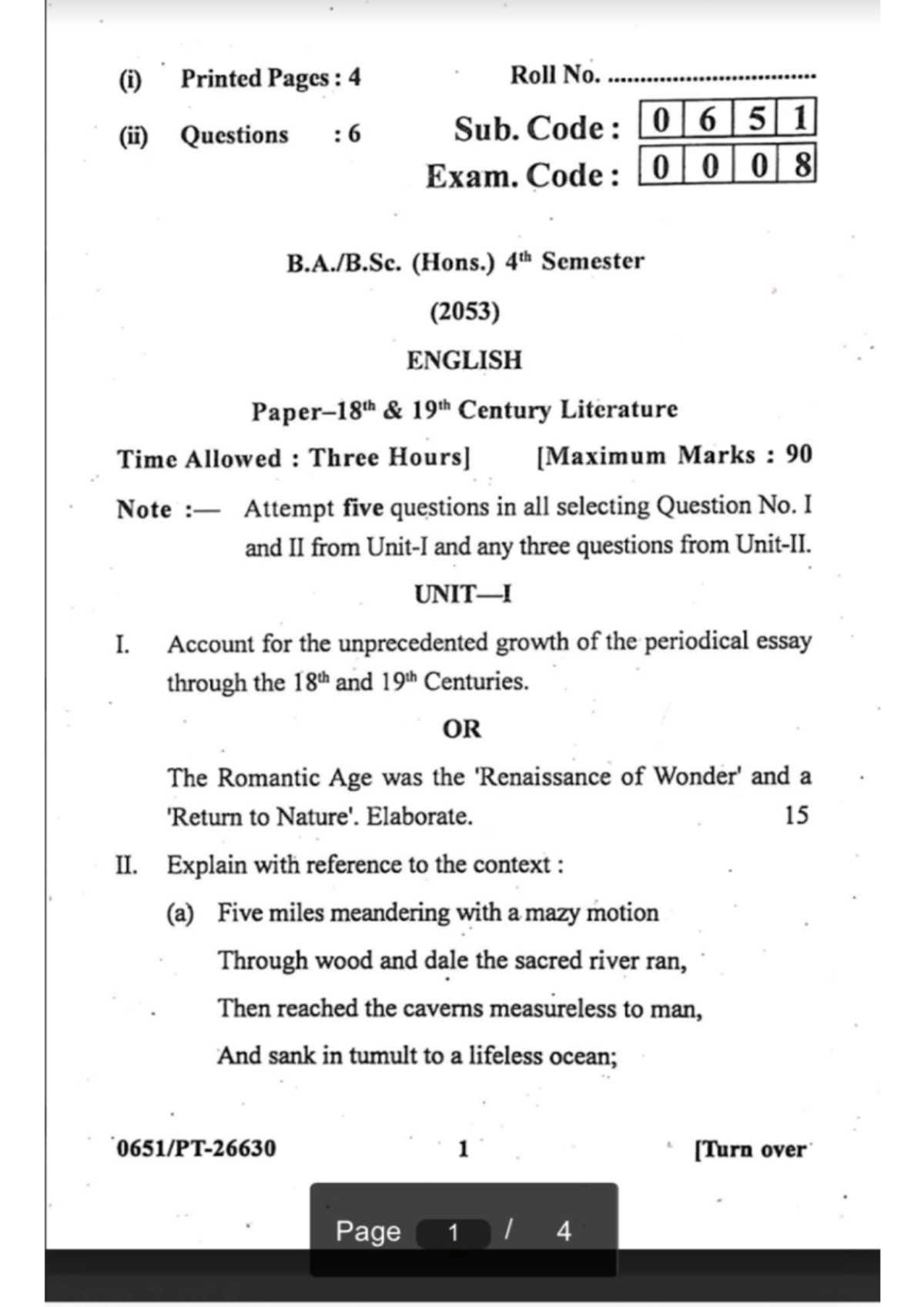 BA 4th Sem English Honoursnotes - (i) Printed Pages: 4 Roll No. Sub ...