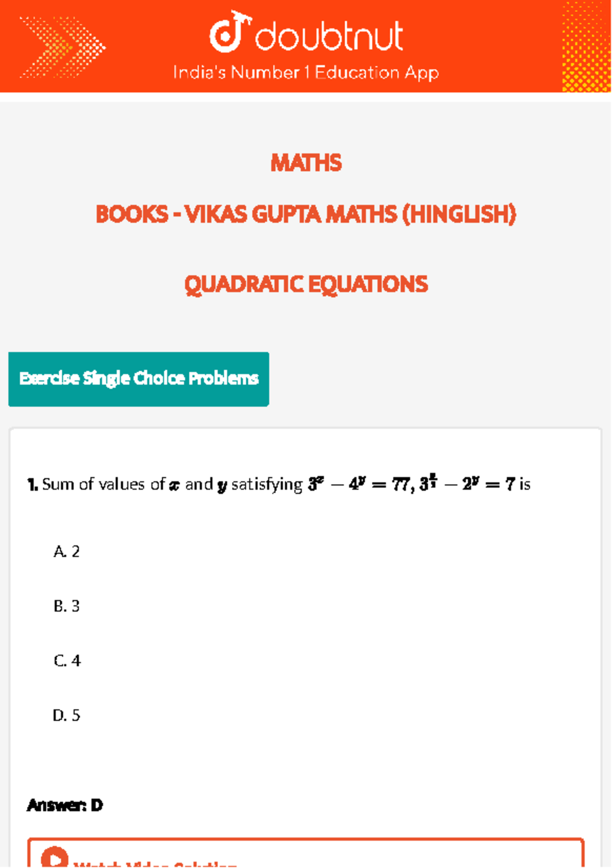 MATHS 14367: Quadratic Equations Exercise Questions & Solutions - Studocu