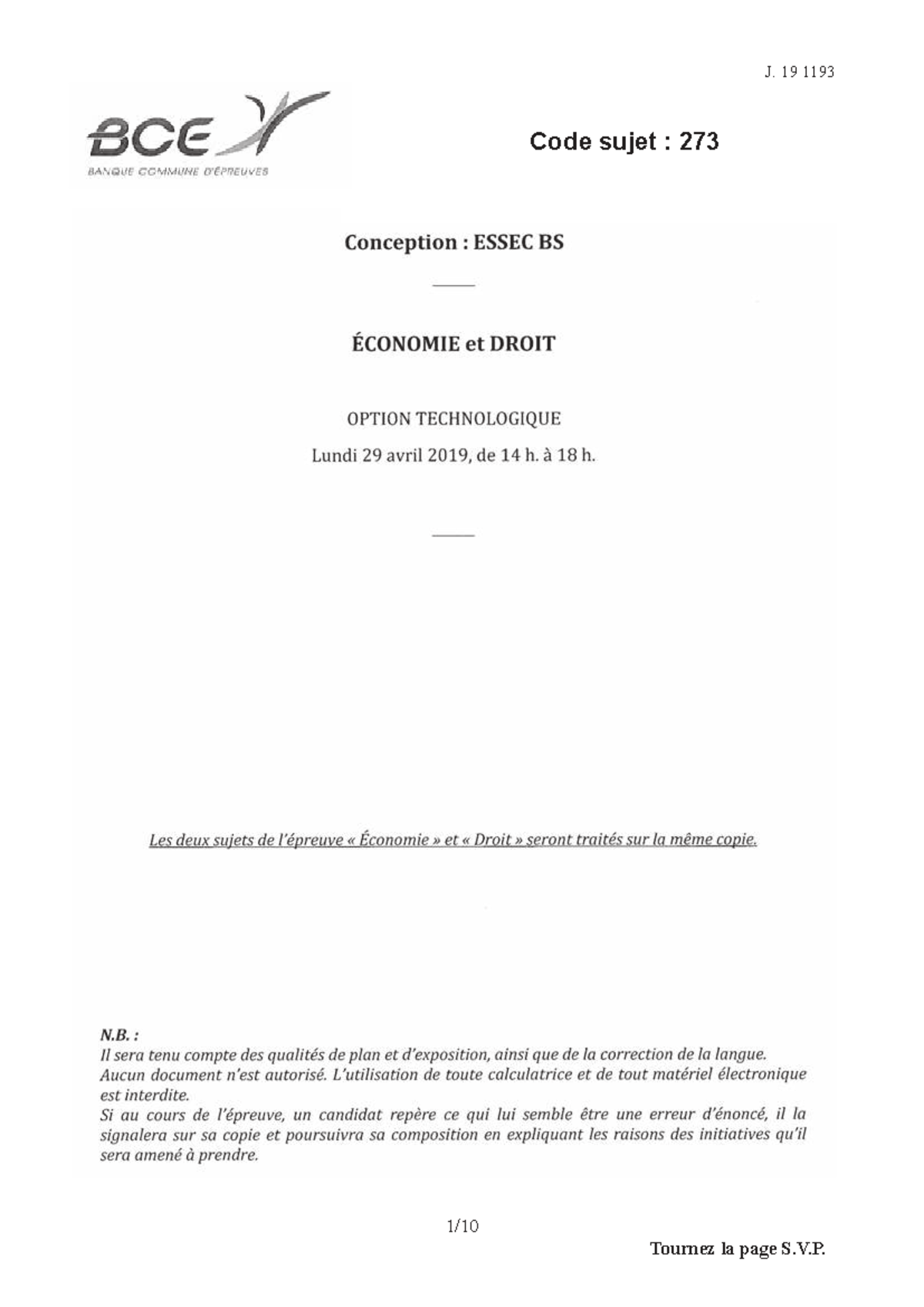 273 2019 Sujet 2 - Management - STMG - J. 19 1193 Code sujet : 273 1 ...