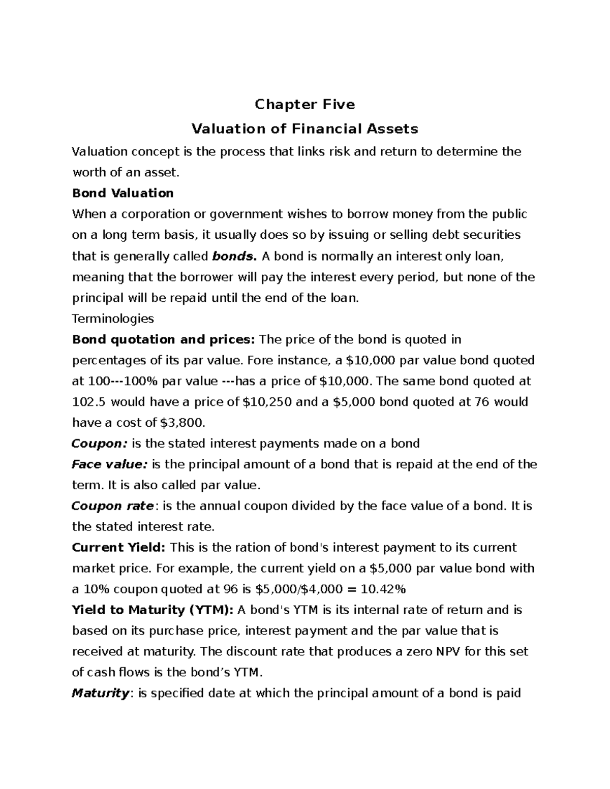 Chapter 5 - cost management - Chapter Five Valuation of Financial ...