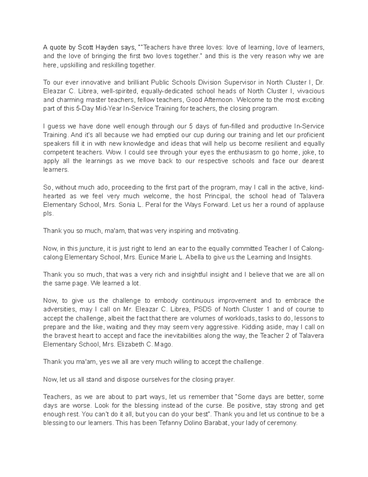 Emcee Script for 2023 In-Service Training Closing Program - Studocu